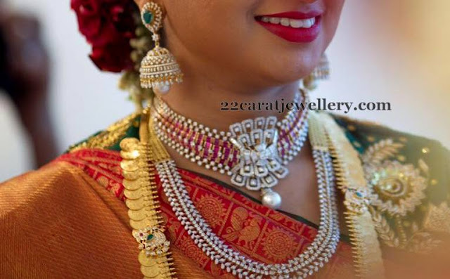 Bride in Ruby Choker Kasu Mala - Jewellery Designs