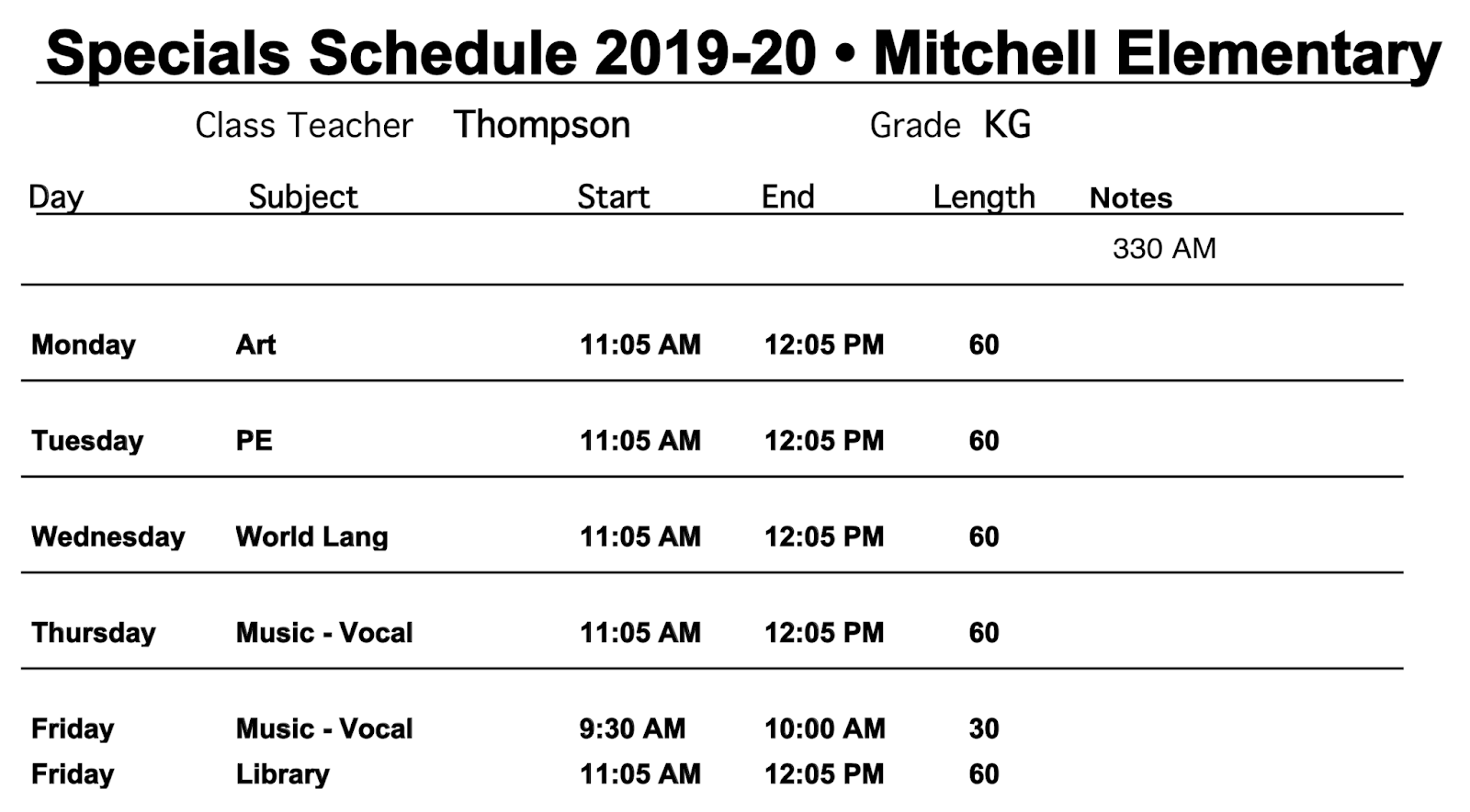 Mrs. T's Kindergarten: Specials Schedule