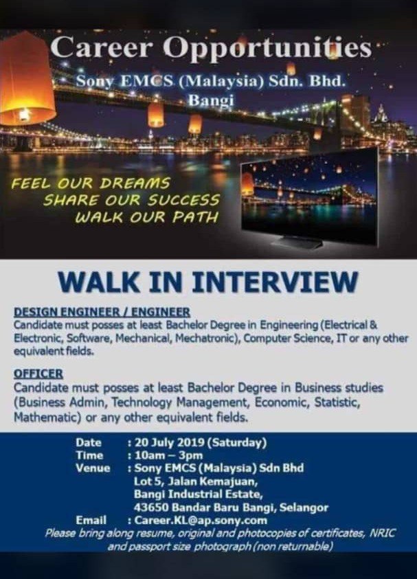 Walk-In Interview Sony EMCS (Malaysia) Sdn. Bhd. - Hansyitake's