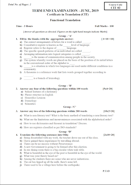 OSPU CIT Functional Translation June 2019 Question Paper - University ...