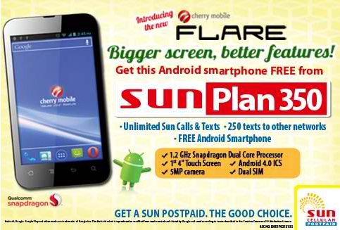 Cherry Mobile Flare Android Smartphone offered Free on Sun Plan 350
