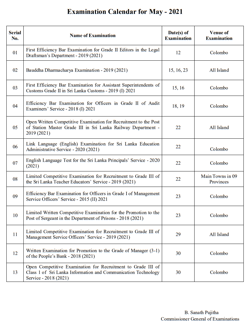 Exam Dates for the month of May 2021 (Exam Department) - Teacher