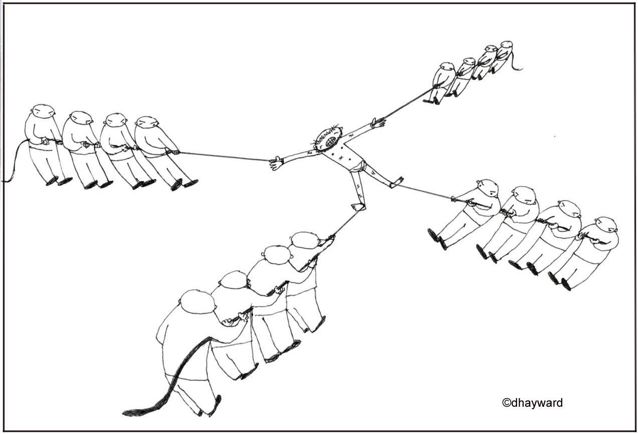 Being pulled in and pulled apart.