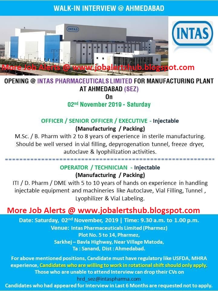 Intas Pharma Ltd - Walk-In Interviews for Officer / Sr. Officer ...