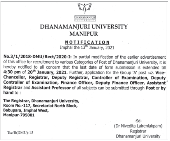 DMU Manipur Recruitment 2021. Apply 11 for Registrar, Finance Officer ...