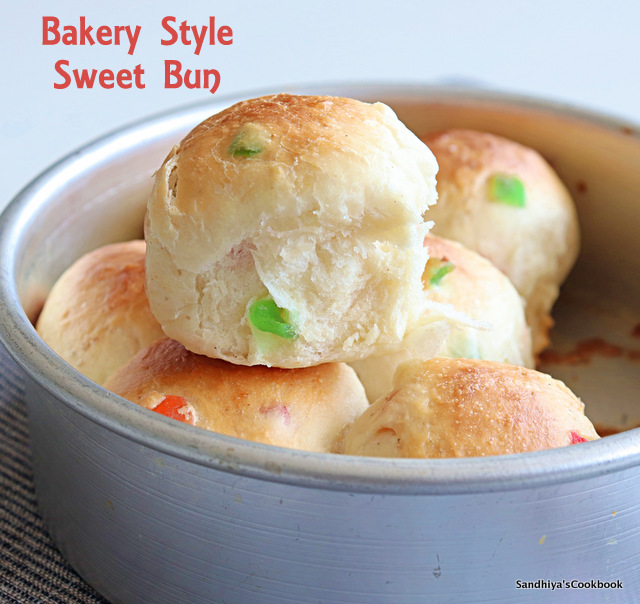 Sandhiya's Cookbook: Tutti Frutti Bun | Bakery Style Sweet Bun