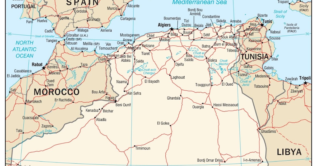 Kaart Noord-Afrika Landen Topografie: Kaart Algerije en Algiers, Sahara ...