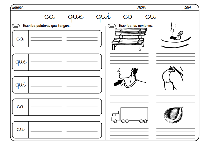 Maestra de Primaria Fichas para trabajar CA, QUE, QUI, CO, CU.