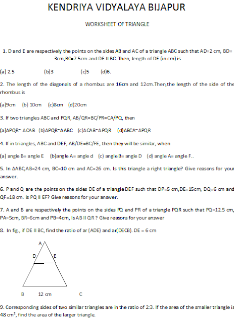maths for class 10: WORKSHEET ON TRIANGLE