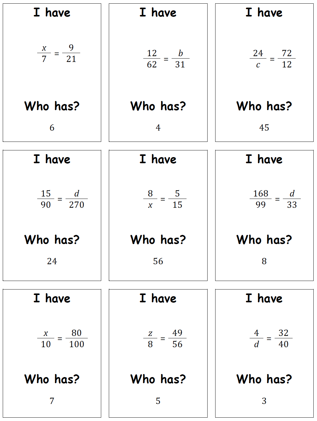 Engaging Math: I Have, Who Has - Proportions