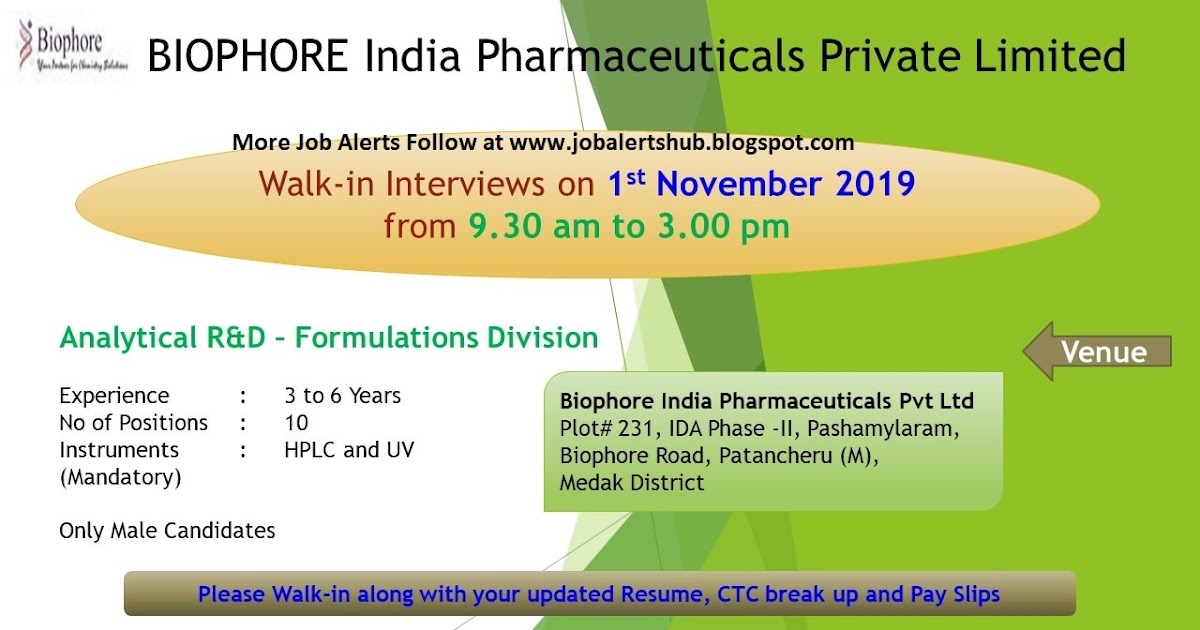 Walk-In Interview for Analytical R&D on 1st Nov' 2019 @ Biophore India Pharmaceuticals Pvt. Ltd