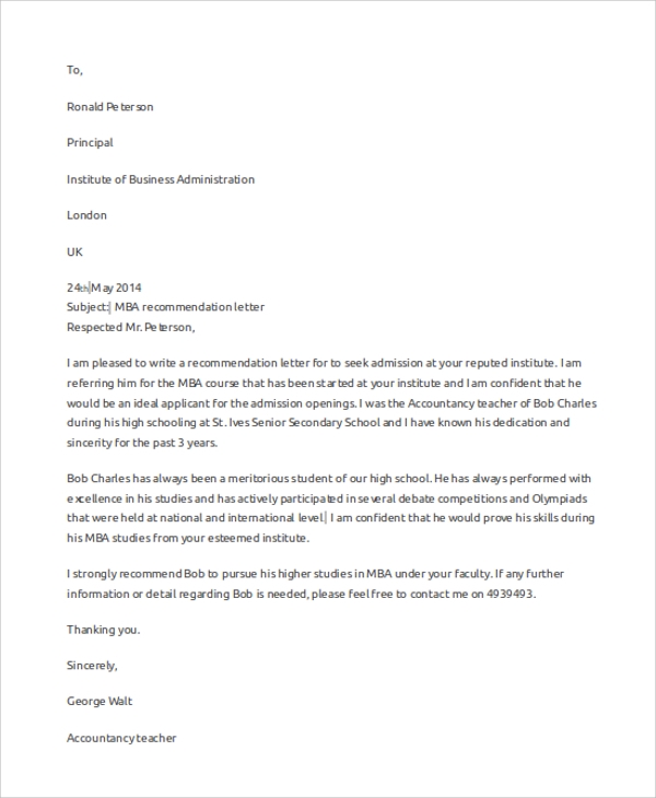 Mba Recommendation Letter Sample ~ Thankyou Letter