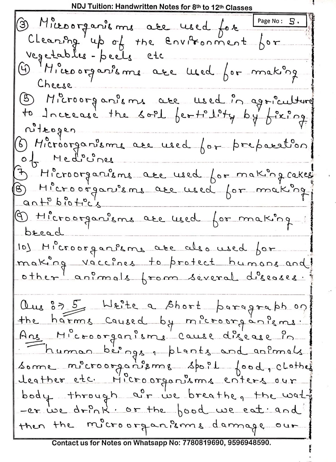Microorganism - Friend and Foe Handwritten Notes For 8th Class Science