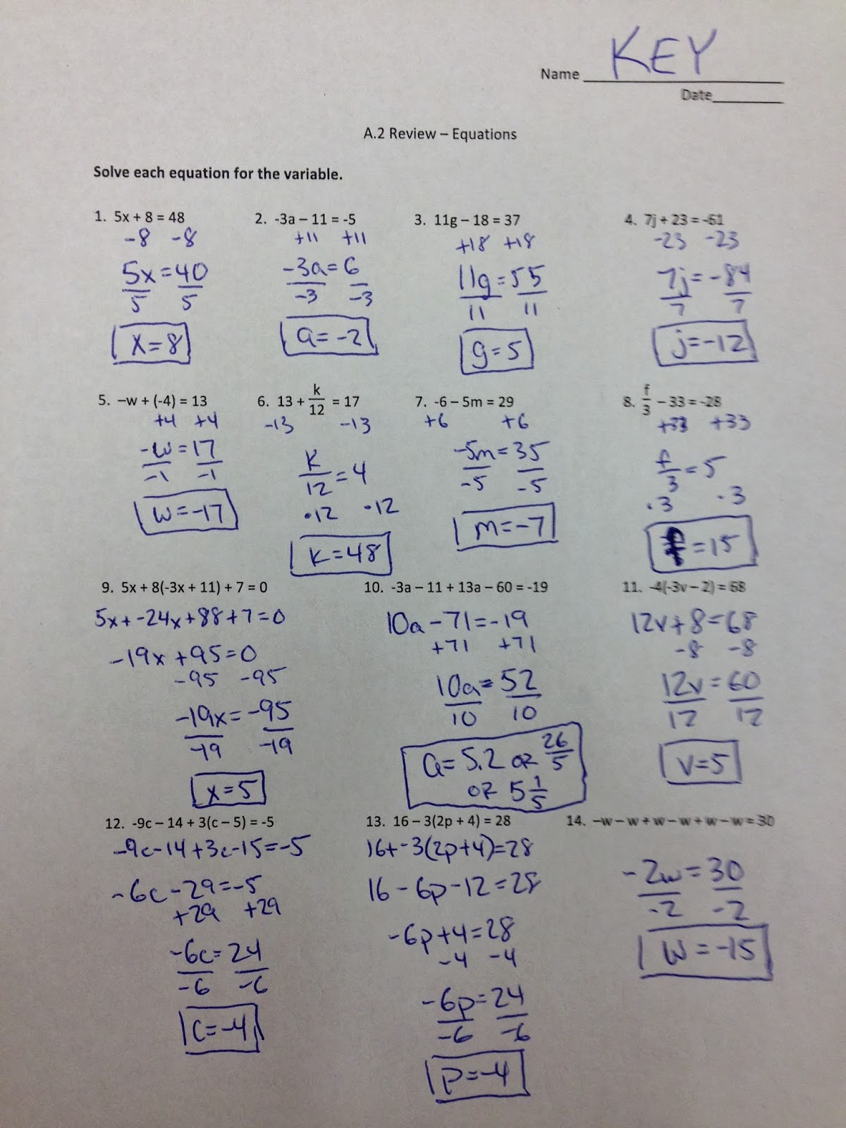Marlin Math - 8th Grade Algebra: A.2 Review Activity