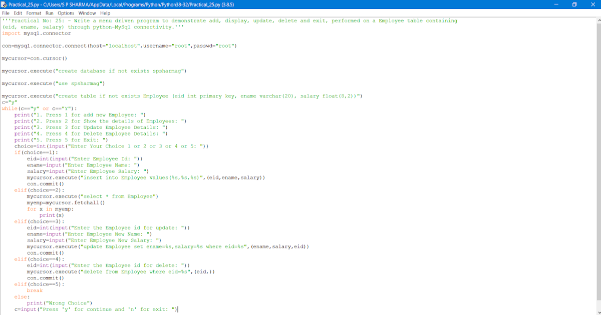 Tgtpgtcs Practical 25 Python Mysql Connectivity For Class 12 Cs And Ip Tgt Pgt Cs Tgt Pgt