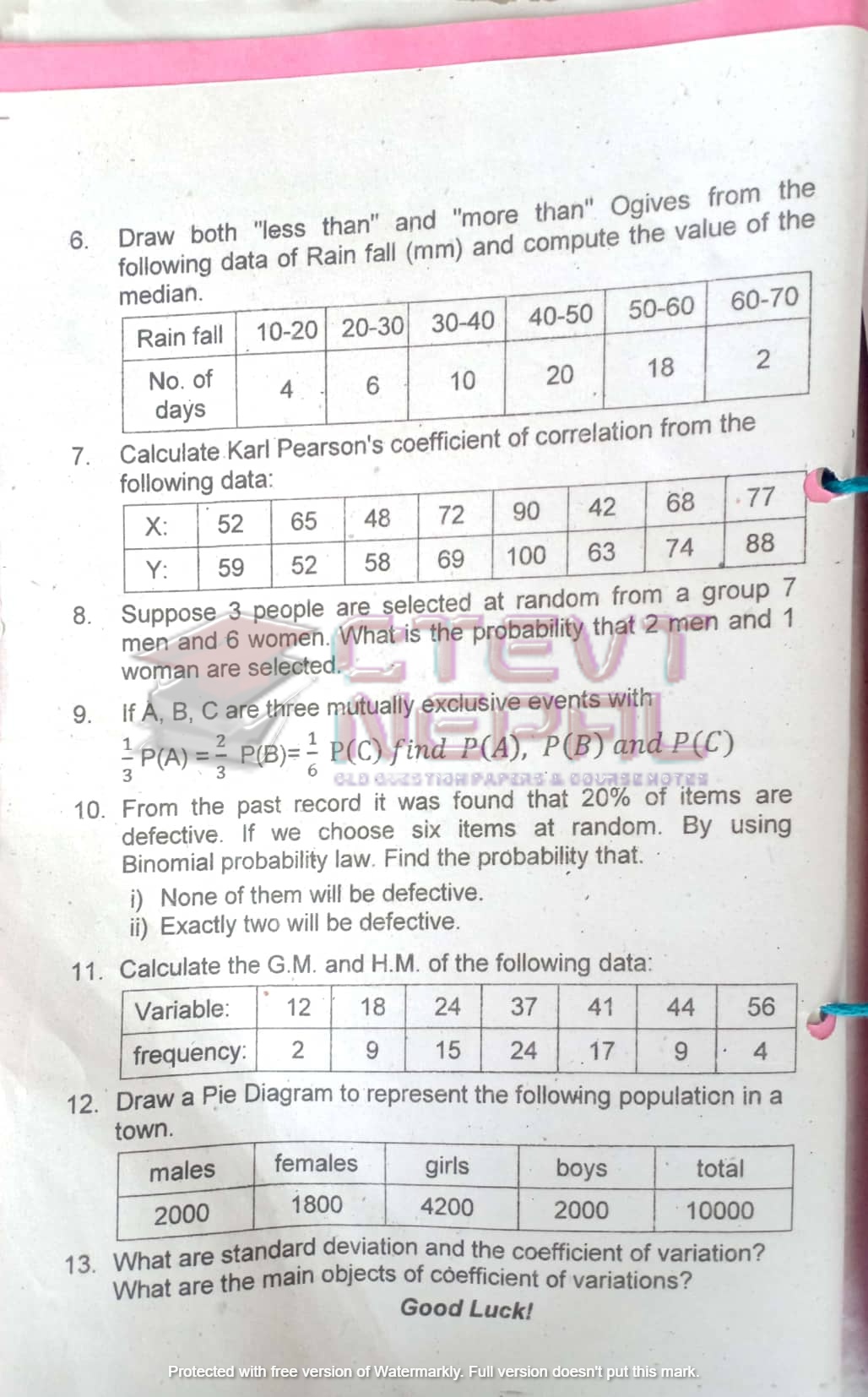 Statistics and Probability - Fourth Semester Questions Papers CTEVT ...