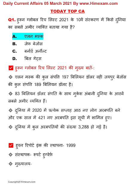 Daily Current Affairs 05 March 2021 - Himexam.com