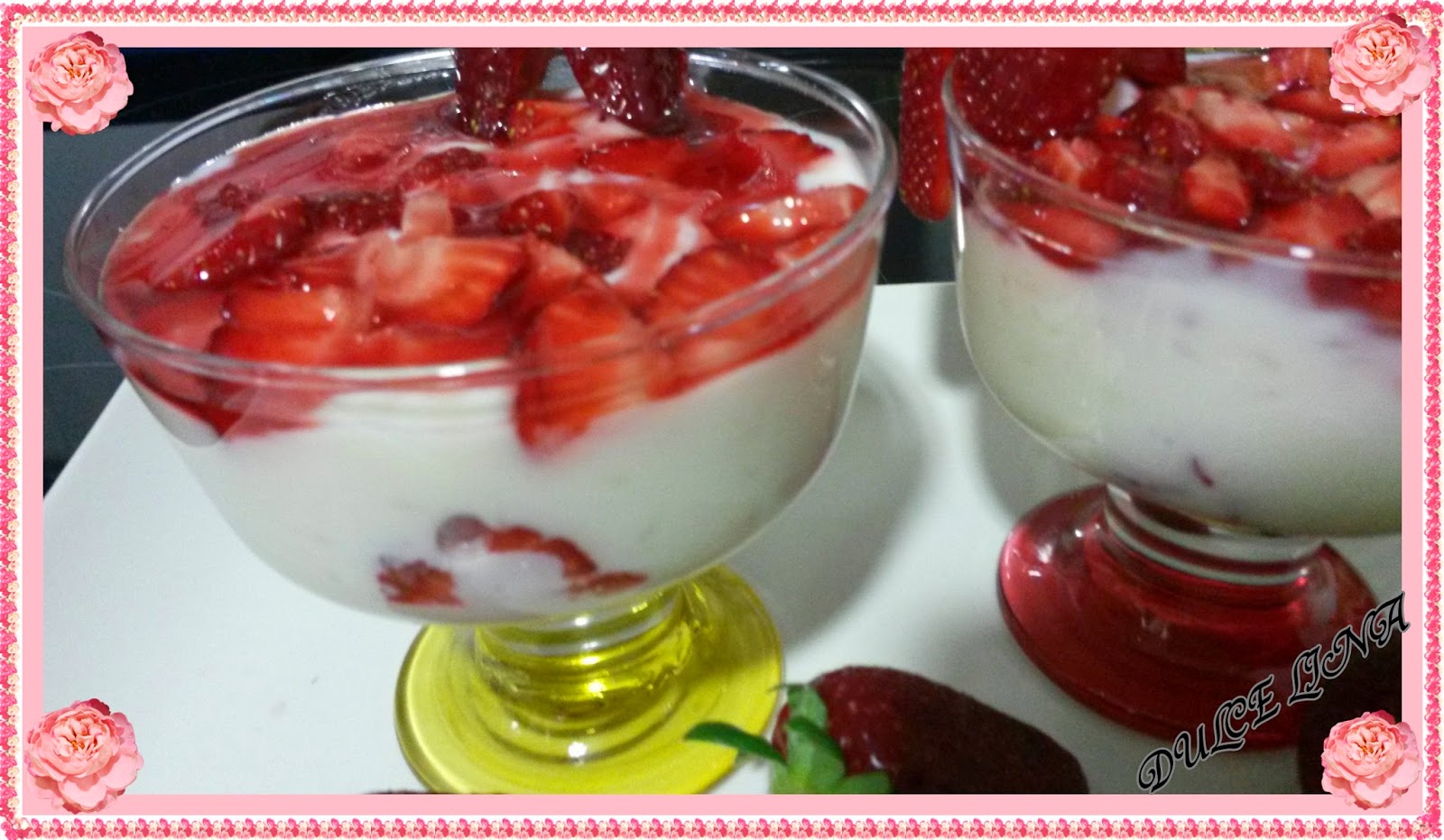 DL : COPA DE CREMA DE ARROZ CON LECHE FRESAS Y LECHE CONDENSADA