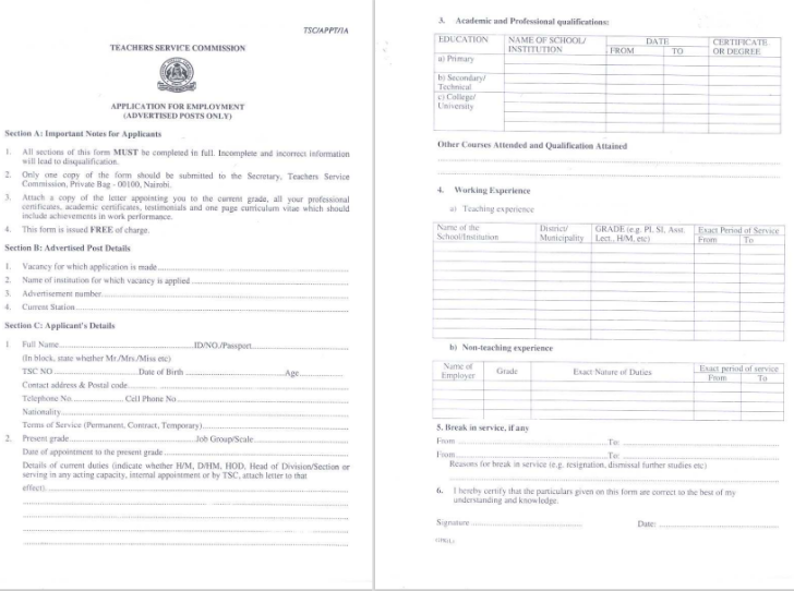 [PDF] Teachers Service Commission TSC Employment Form Download