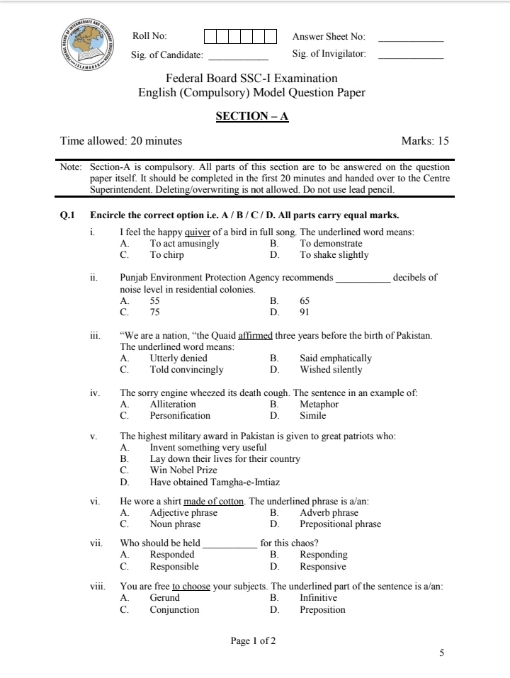 Fbise Class 9 English Model Paper With Pattern Class 9 Online With