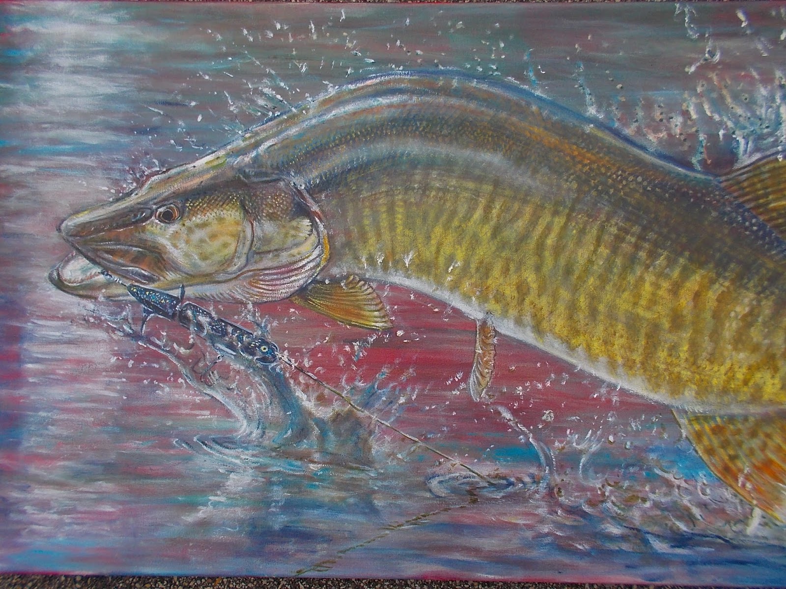 CHARLES WEISS ART: acrylic painting :Night Time Leaping Muskie