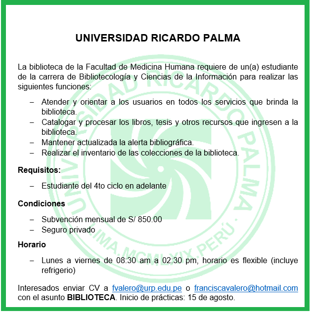 UNIVERSIDAD RICARDO PALMA ~ ESCUELA PROFESIONAL DE BIBLIOTECOLOGÍA Y ...