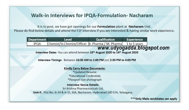 UDYOG ADDA: Walk-In Interviews for Chemist / Sr. Chemist / Officer - IPQA on 12th - 14th Aug ...