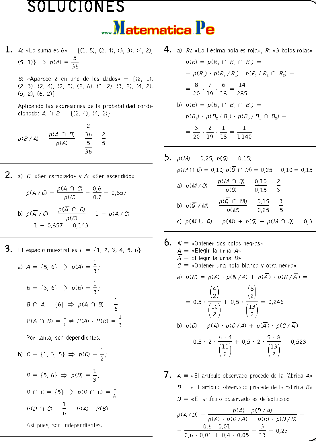 PROBABILIDAD CONDICIONADA EJERCICIOS RESUELTOS MATEMATICAS 2 BACHILLERATO PDF