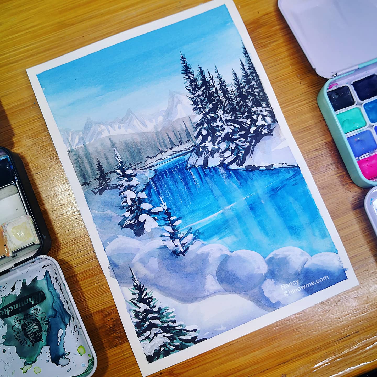 Watercolor winter landscape tutorial step by step easy for the beginner ...