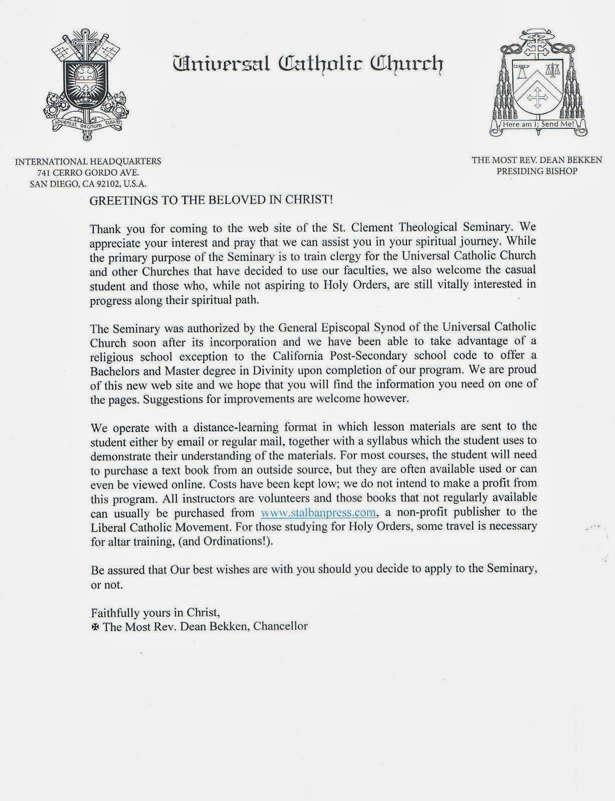 St Clement Seminary: Welcome from our Chancellor