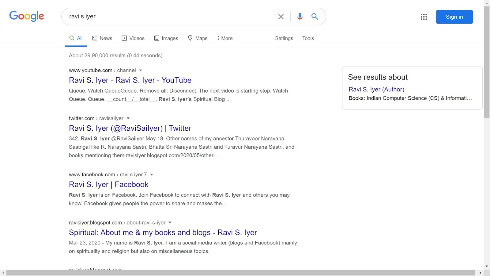 Update on Google Knowledge Panel on my name; Google now identifies me as 'Ravi S. Iyer (Author)'