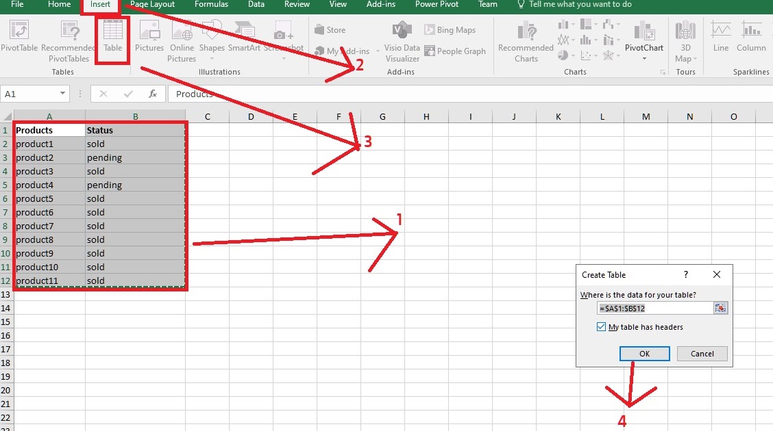 Create table in excel