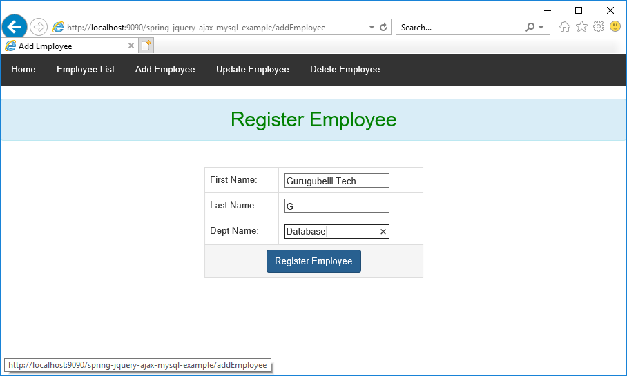 Crud Operations In Employee Management Using Spring Jquery Ajax Jstl Jdbc Mysql Maven And
