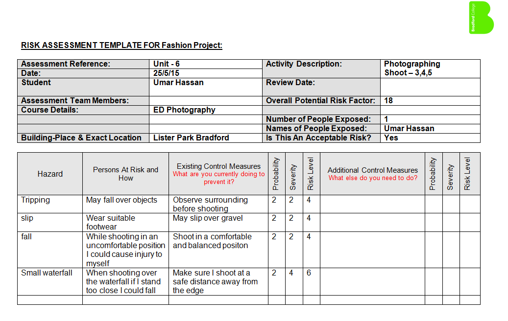Umar's Photography Blog : Risk assessment form for all shoots