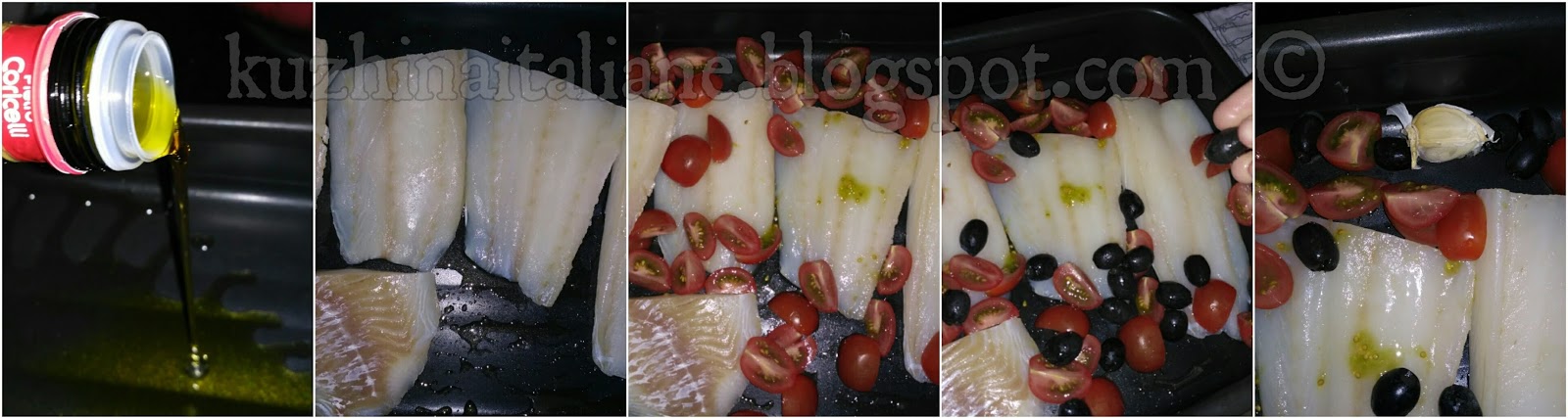 Merluc me ullinj dhe domate qershi - Merluzzo con olive e pomodorini