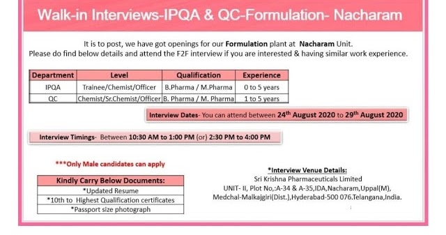 UDYOG ADDA: Sri Krishna Pharmaceuticals Ltd - Walk-Ins for Freshers & Experienced AQA, IPQA, QC ...