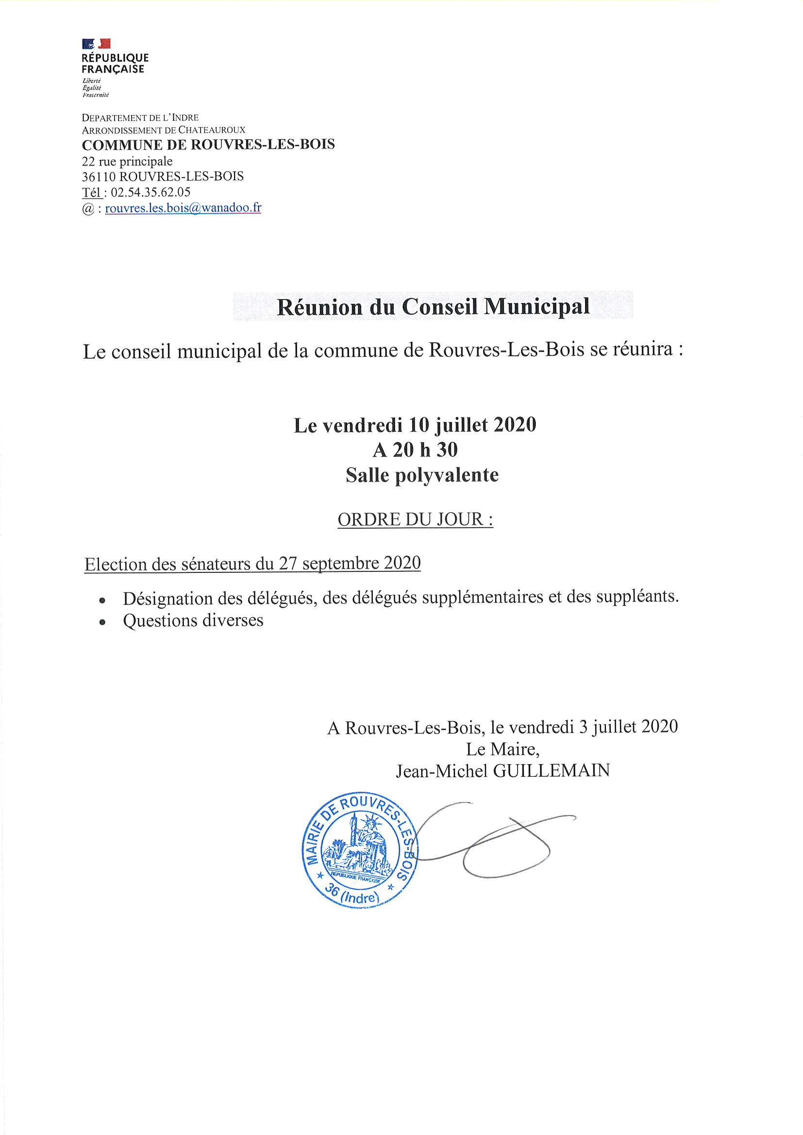 MAIRIE DE ROUVRES-LES-BOIS: Convocation réunion conseil municipal