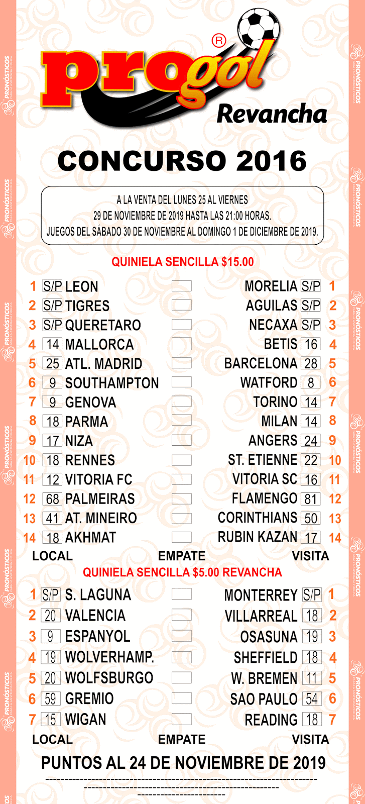 ProGol-Quinielas: Progol Revancha 2016