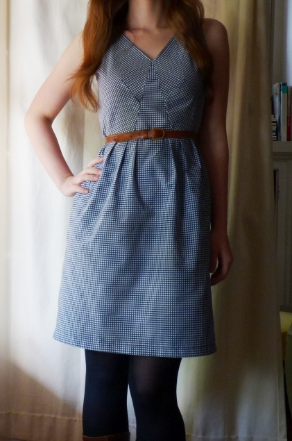 four square walls: blue check dress