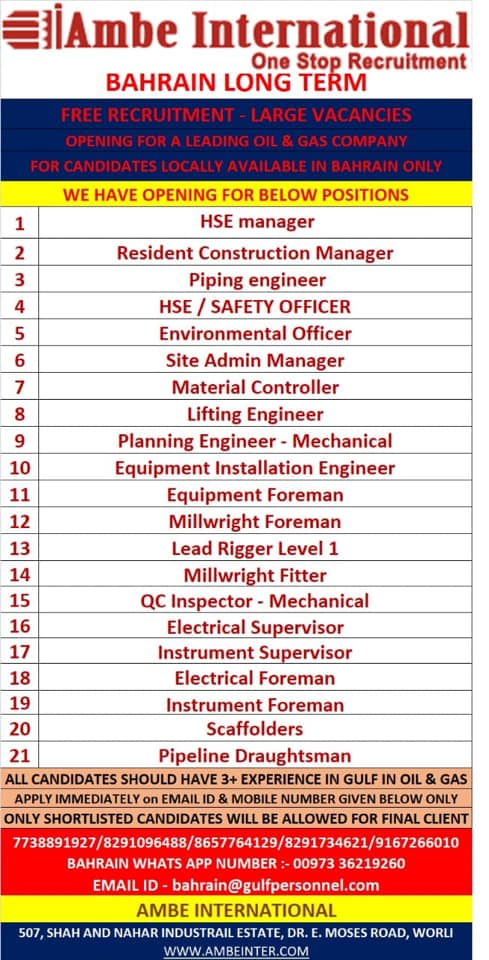 BAHRAIN JOBS : REQUIRED FOR A LEADING OIL AND GAS COMPANY IN BAHRAIN