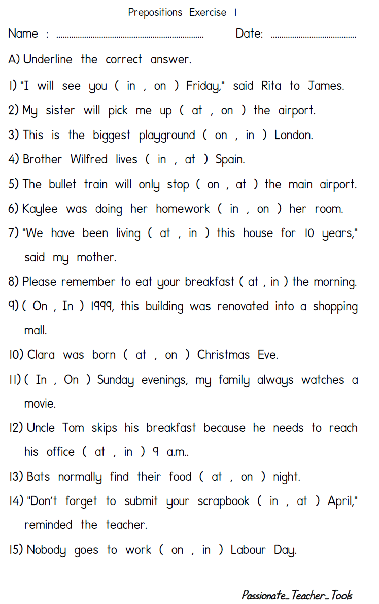 Passionate Teacher Tools: Prepositions Exercise 1 (With Answer)