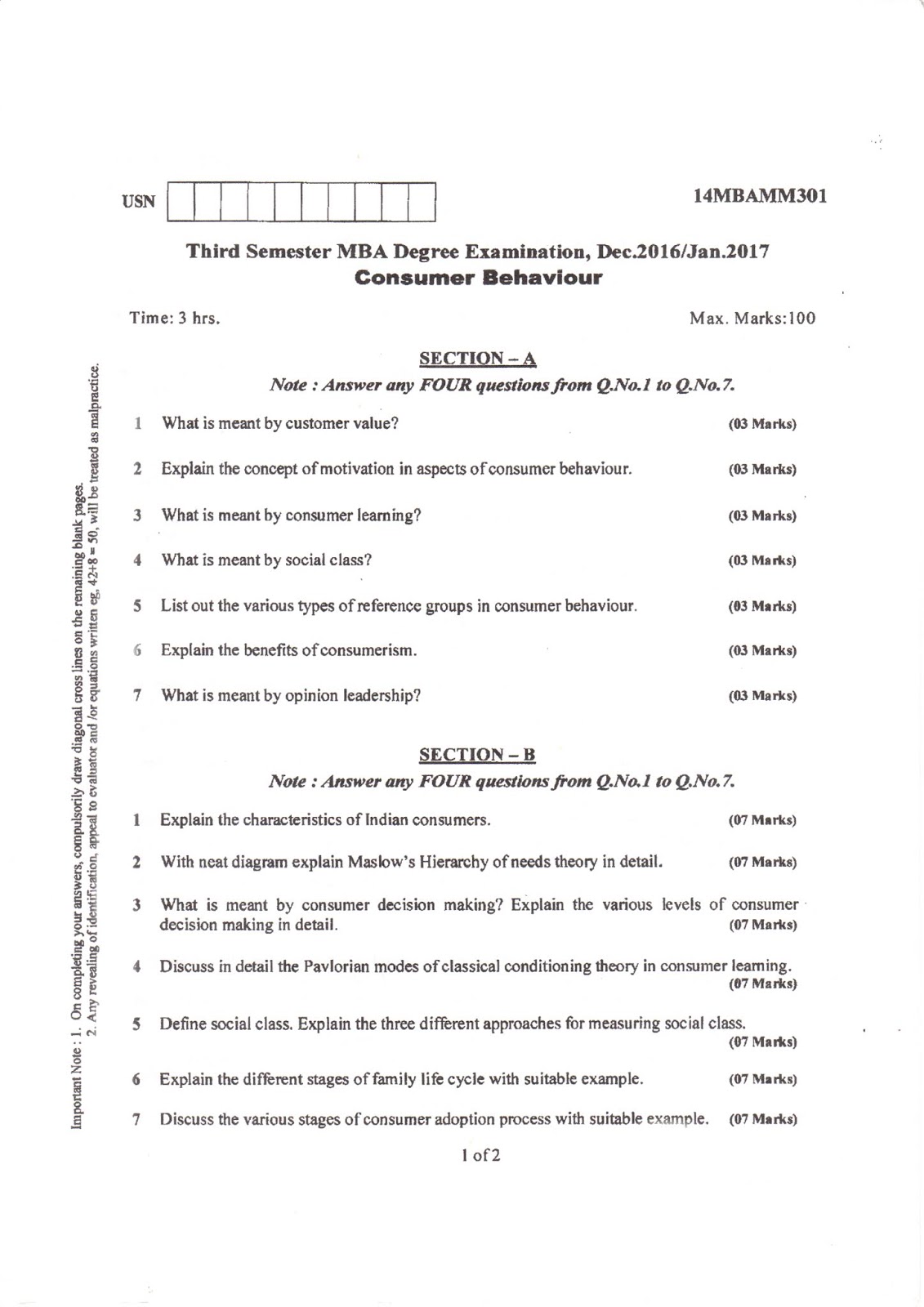 AR VTU MBA E-NOTES: VTU MBA 3rd sem question papers Consumer Behavior