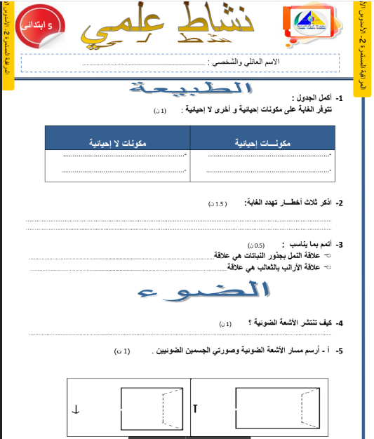 نموذج 1 للاختبار و الفرض الكتابي الثاني في مادة النشاط العلمي خلال