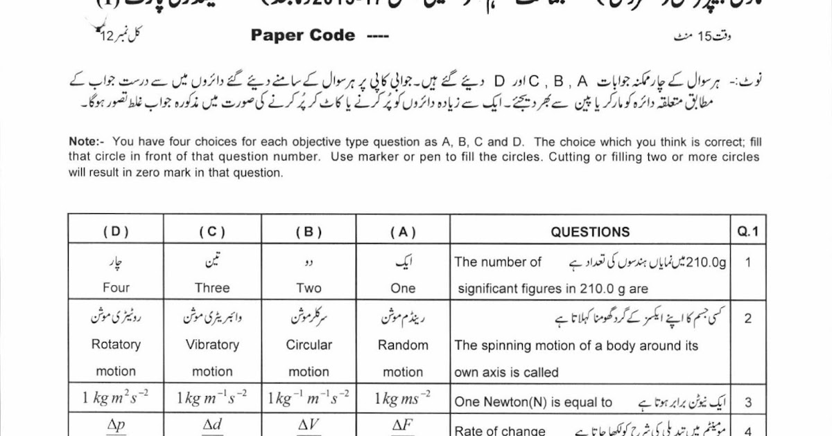 9th Class Physics Paper Pattern All Boards of Punjab 2017-18