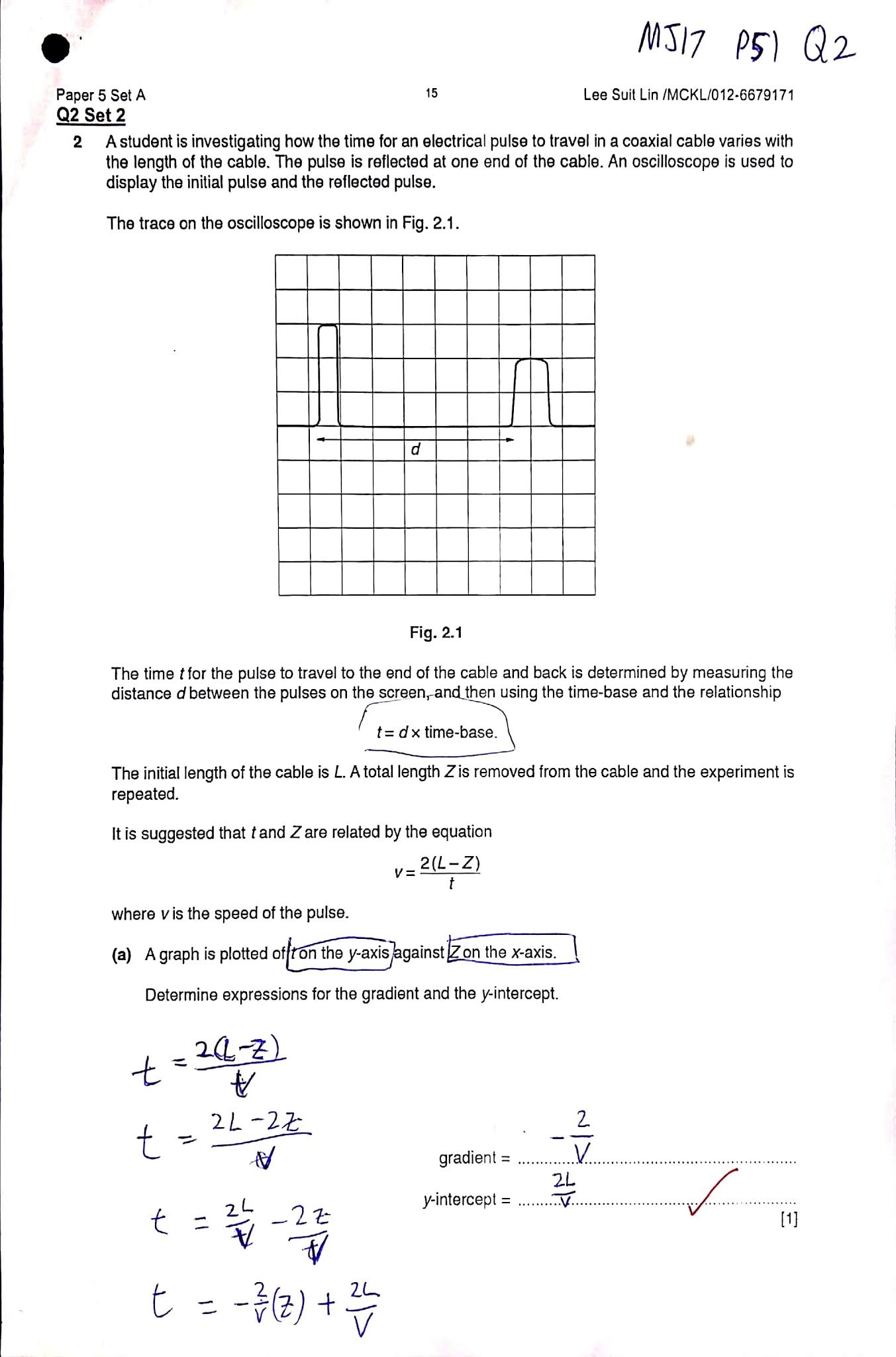 Cambridge A Level Physics: MJ17 P51 Q2 Oscilloscope Pulse