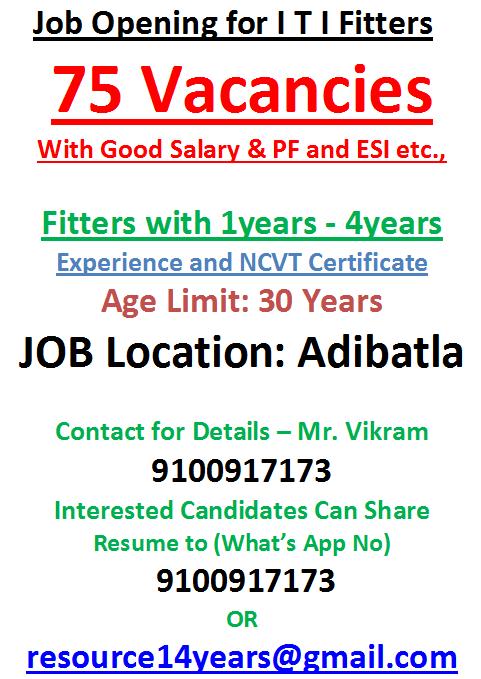 ITI Fitter Jobs Vacancy in Adibatla, Hyderabad - ITI Jobs And Diploma Jobs