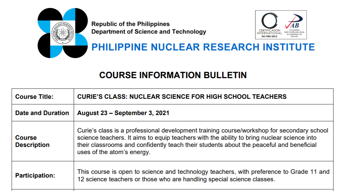 REQUIREMENTS | APPLICATION PROCEDURE FOR 12-DAY CURIE’S CLASS: NUCLEAR ...