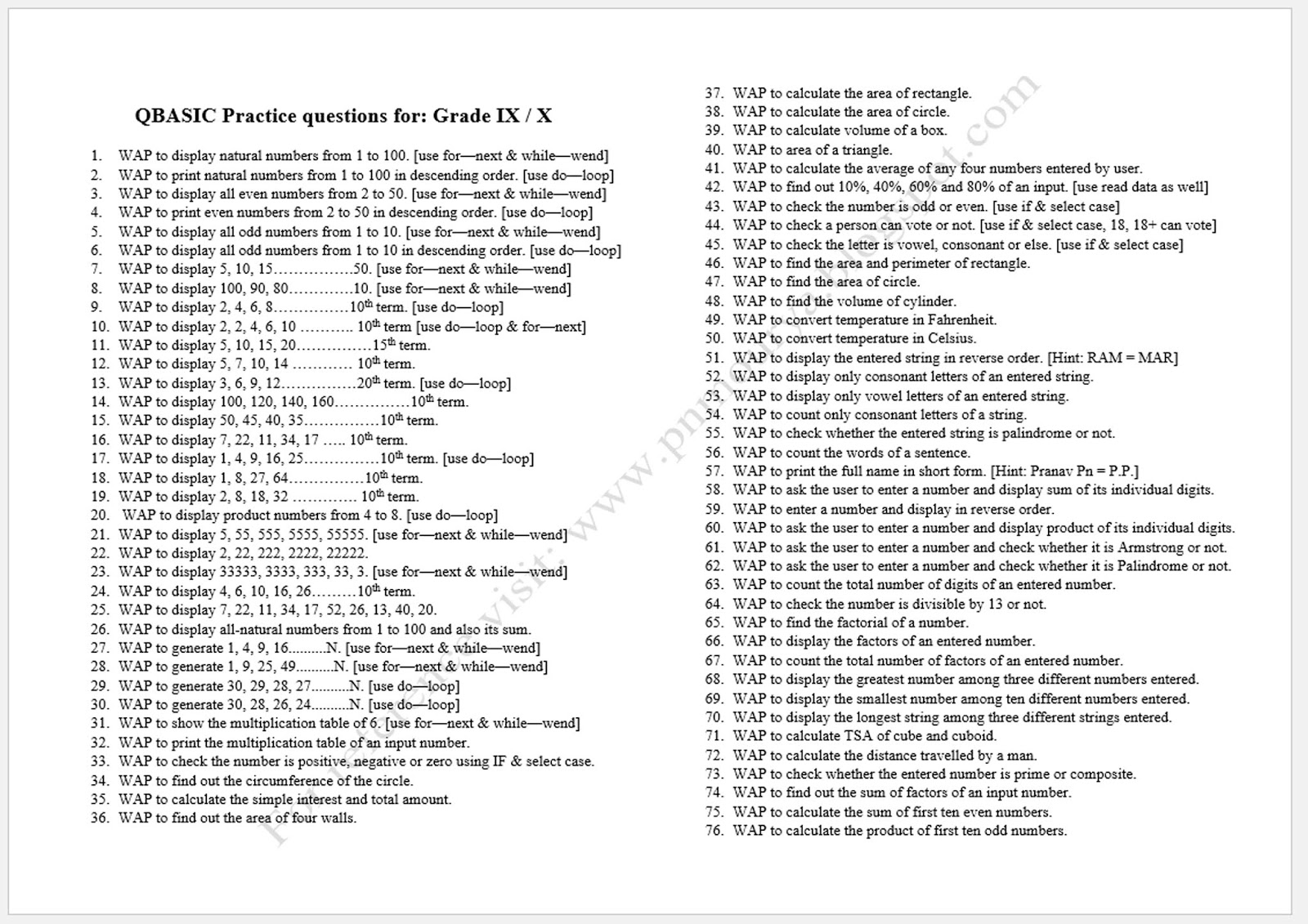 BEGINNERS' FORUM & I TEACH, PRO-TECH : QBASIC Practice Questions for Grade: IX & X