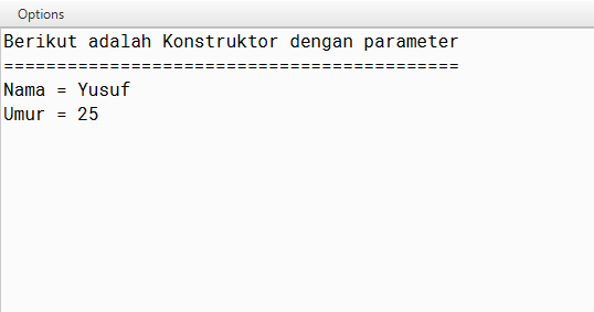 Contoh Program Konstruktor dengan Parameter dan Konstruktor Tanpa Parameter