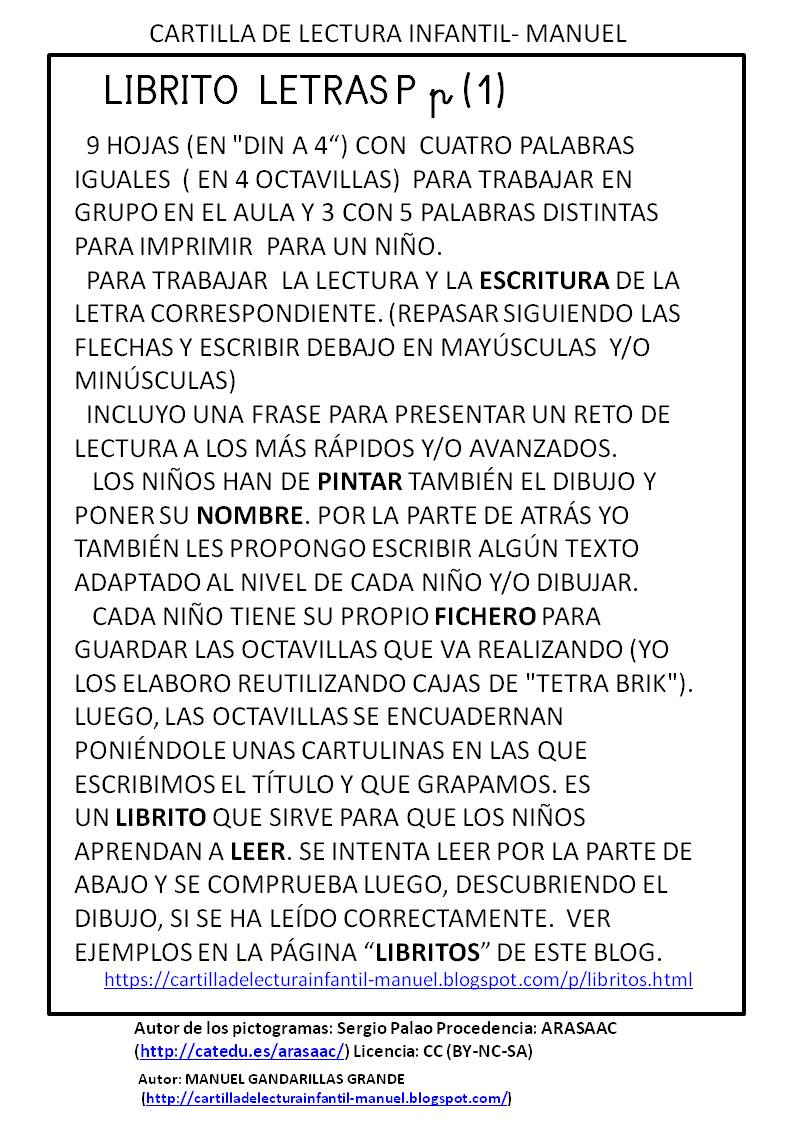 CARTILLA DE LECTURA INFANTIL : 1 P p ESCRITURA LECTURA LIBRITO